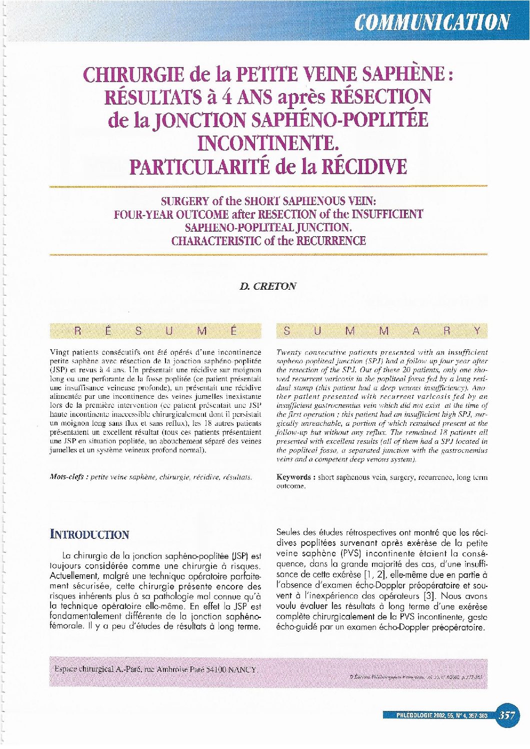 Chirurgie de la petite saphène : résultats à 4 ans après résection de ...